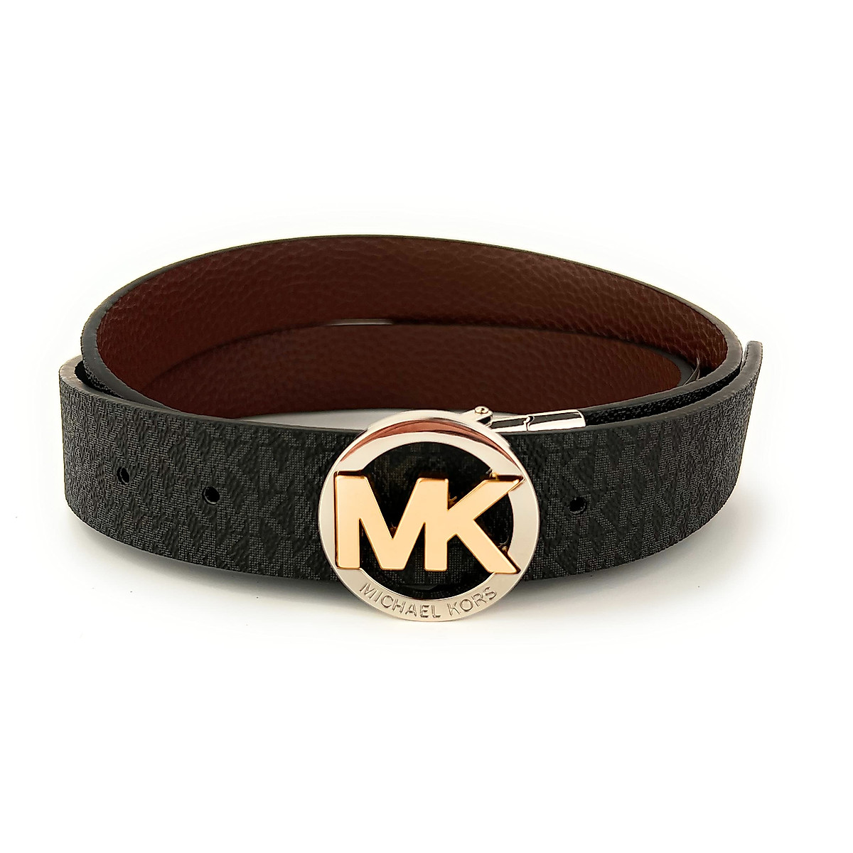 MICHAEL Michael Kors Belt with Silver MK Logo Plaque, Brown and Black, Medium