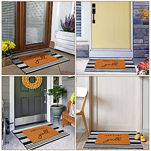 Tinideya 2 Pcs Fall Front Door Welcome Doormat Set Includes 24 x 35 Black and White Striped Mat 16 x 24 Welcome Mat Coir Door Mat Autumn Doormat Washable for Outdoor Indoor Entrance(Happy Fall)
