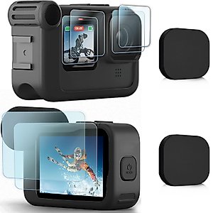 FiTSTILL [8pcs] Screen Protector for Go Pro Hero 12/Hero 11/Hero 10/Hero 9 Black Fit Media Mod Ultra Tempered Glass Protective Foils with Lens Cover Accessories Kit