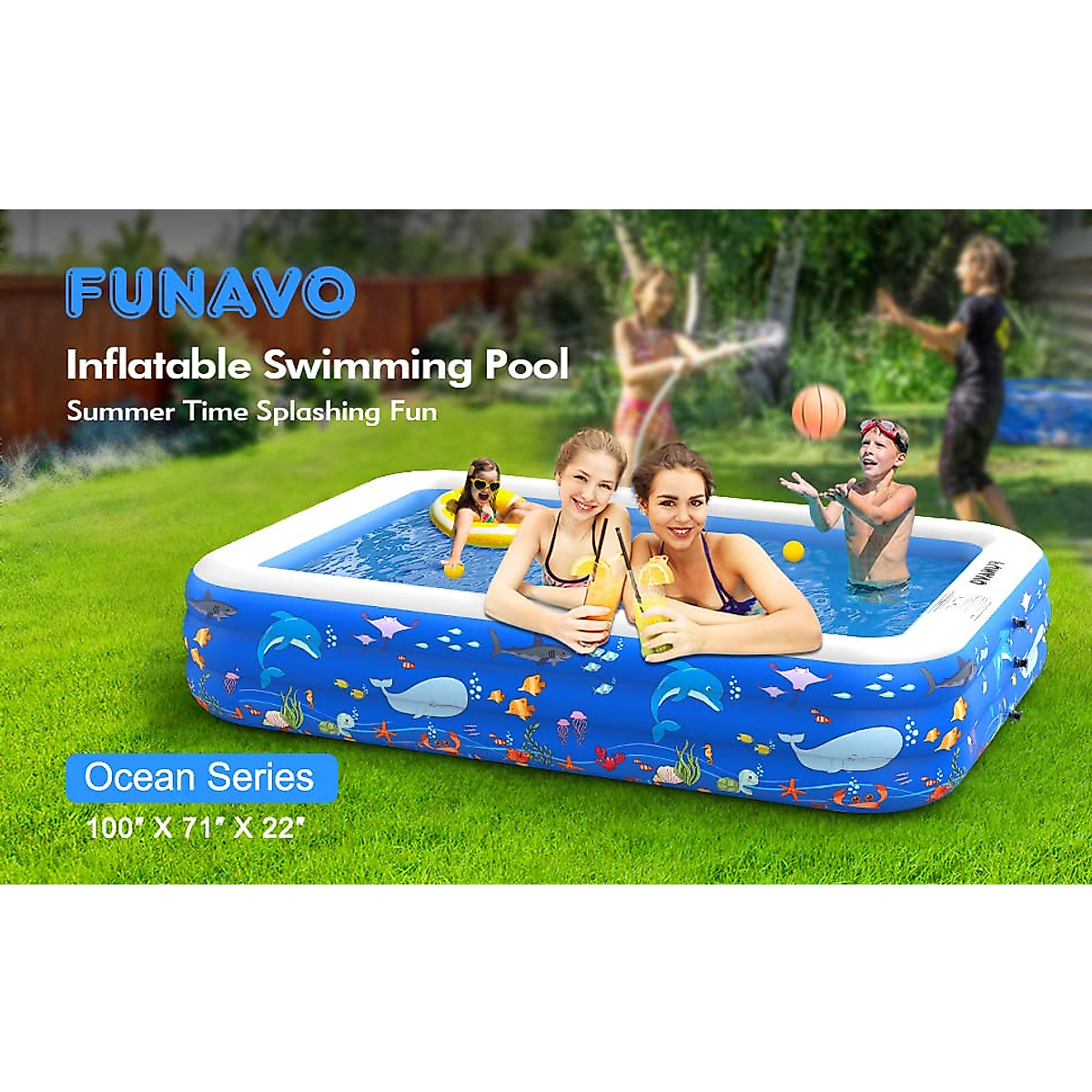 FUNAVO Inflatable Pool, 101" X71" X22" Blow Up Swimming Pools for Kids, Toddlers, Infant, and Adults, Full-Sized Family Kiddie Pool for Ages 3+, Outdoor, Garden, Backyard, Summer Water Party