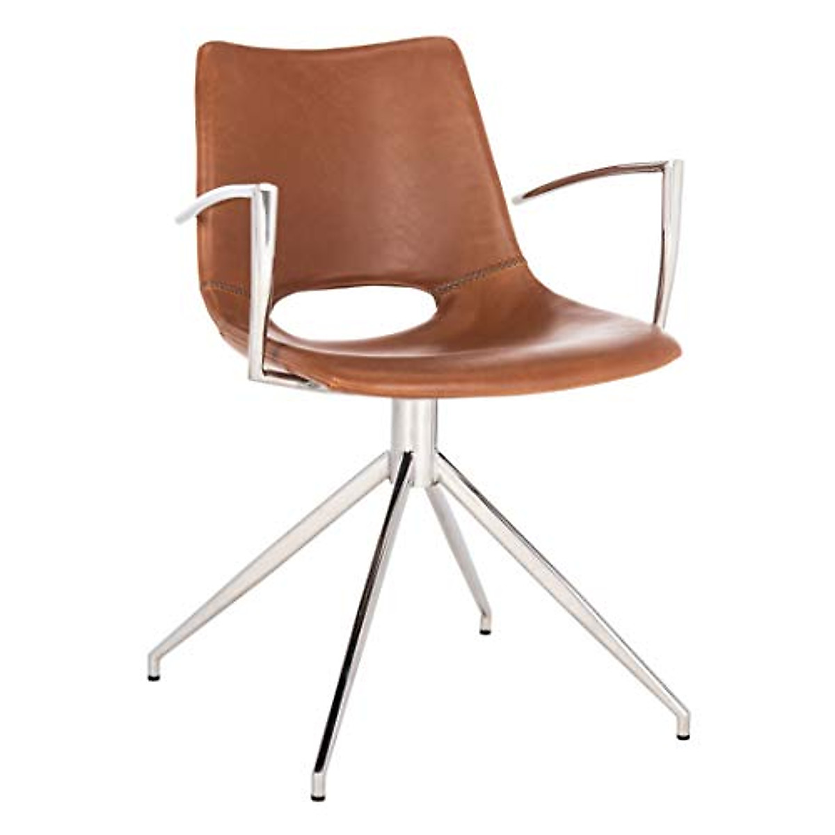 Safavieh Home Dawn Mid-Century Modern Light Brown Faux Leather and Stainless Steel Swivel Office Arm Chair
