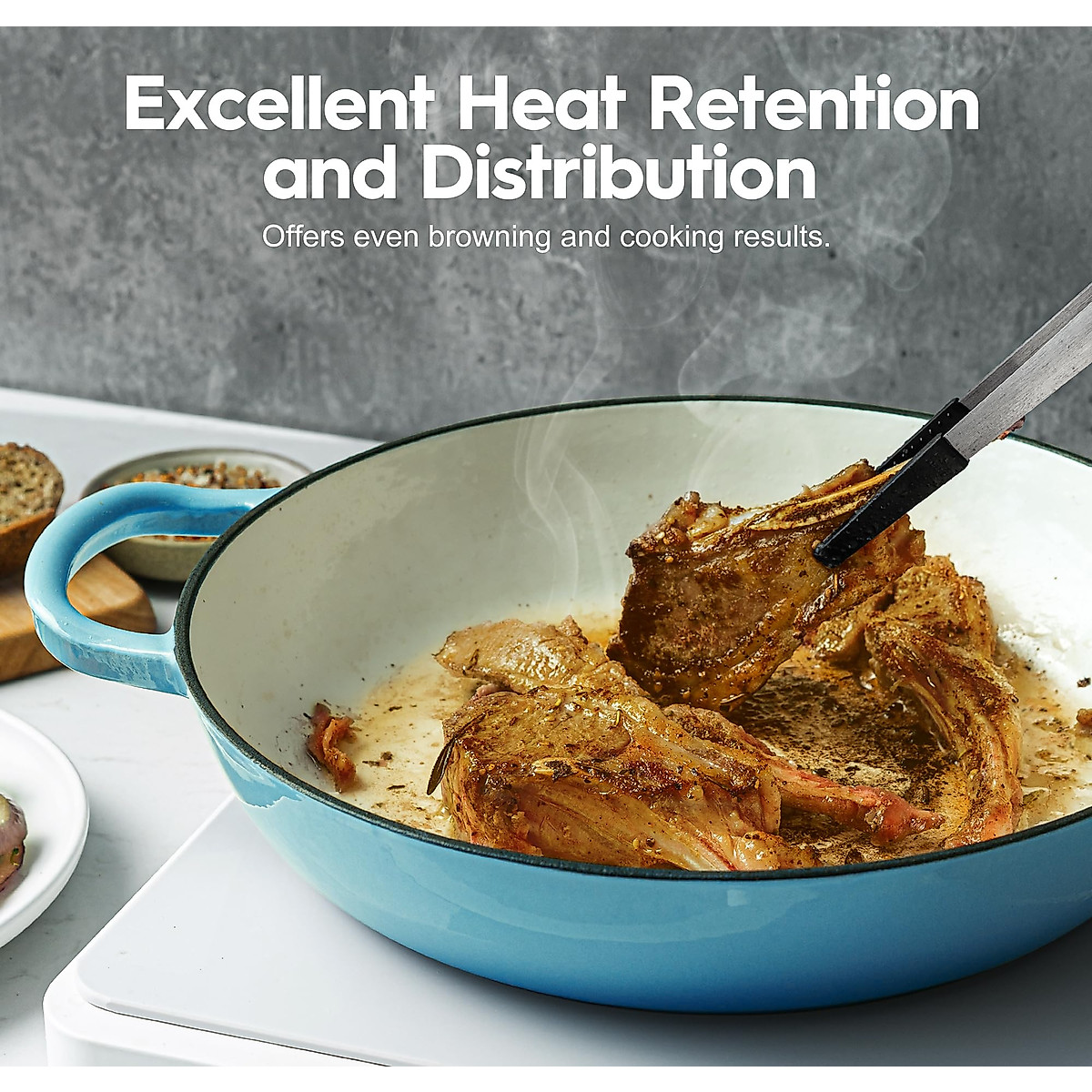 MICHELANGELO Braiser Enameled Cast Iron, 3.5 Quart Braiser Pan with Lid, Nonstick Braiser with Silicone Pads for Heat Insulation, Oven Safe Cast Iron Pan-Sky Blue