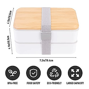 Lunch Box Bento Box for Adult, Bento Box with 2 Dividers and a Spoon and Knife and Fork, Leakproof Lunch Container, Upgraded Plastic Bamboo Pattern Cover and Cloudy White Appearance