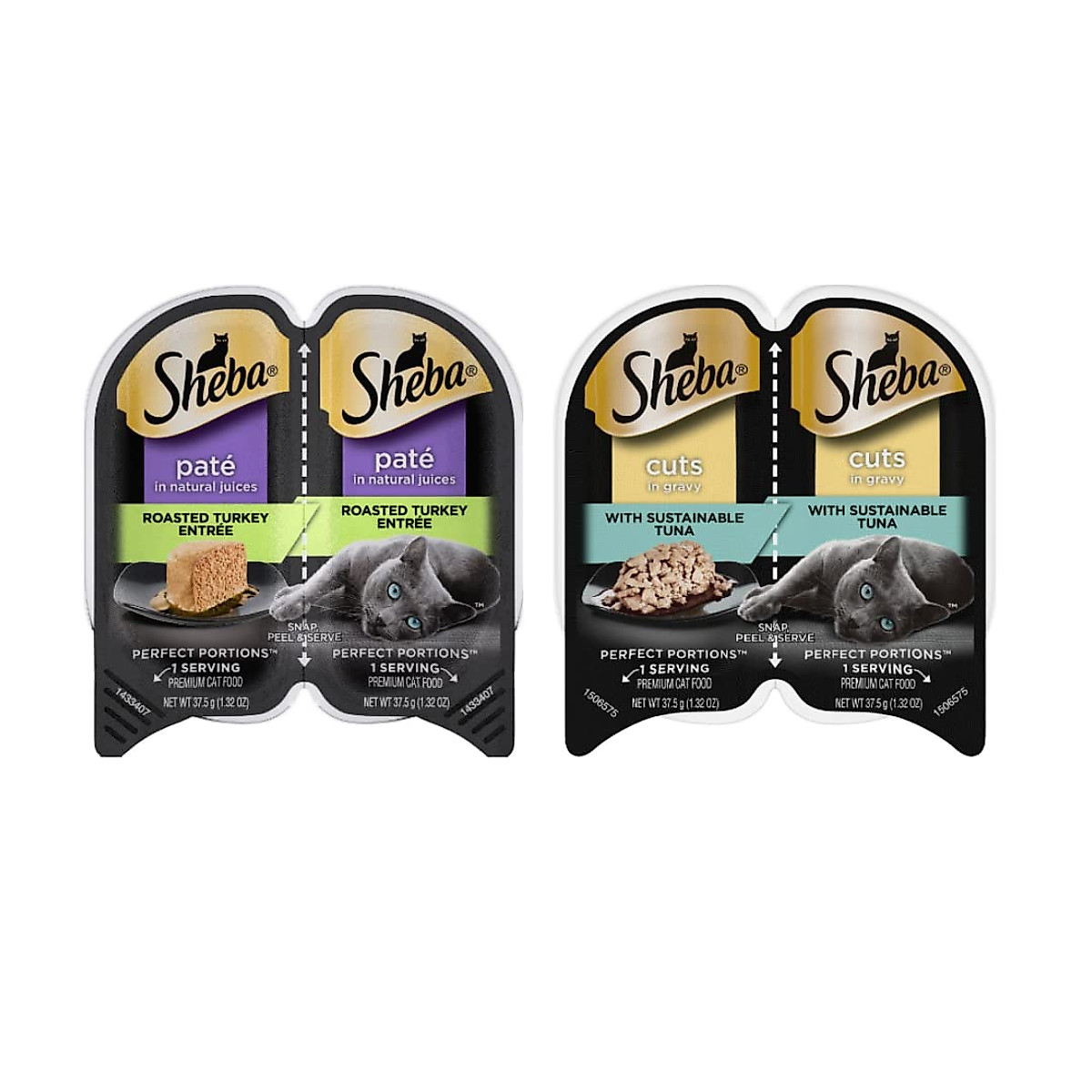 Sheba Perfect Portions Wet Cat Food Cuts in Gravy and Pate Variety Pack All Flavors, Beef, Chicken, Salmon, Turkey, Tuna, White Fish, 24 Servings | 12 Pack with LarasBundle Catnip Toys