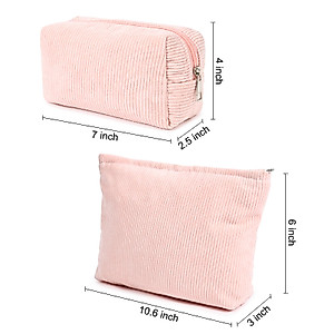SOIDRAM 2 Pieces Makeup Bag Large Corduroy Cosmetic Bag Capacity Canvas Mix Travel Toiletry Bag Organizer Cute Makeup Brushes Aesthetic Accessories Storage Bag for Women, Corduroy Mix Pink