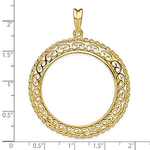Roy Rose Jewelry Gold Coin Pendant Mounting - 32.7mm Coin Size - Scrollwork Filigree with Rope Edge Frame Design - 14K Yellow Gold - Prong Set with Bail