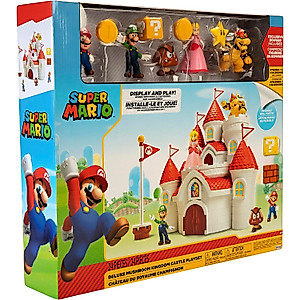 Super Mario Nintendo Deluxe Mushroom Kingdom Castle, Wall Display & Playset with (5) 2.5" Articulated Action Figures (Exclusive Bowser Figure, Princess Peach, Mario, Luigi & Goomba)