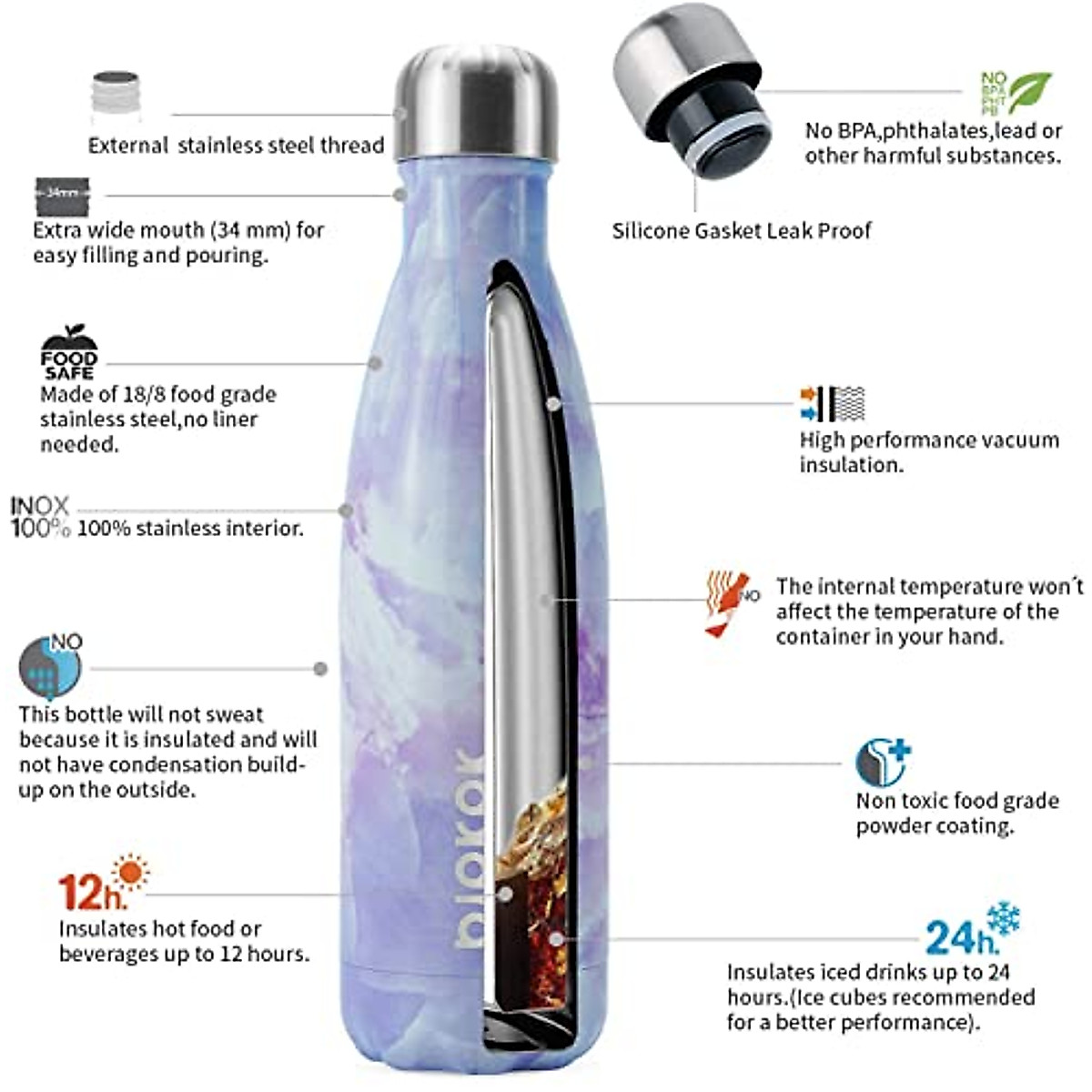 BJPKPK Insulated Water Bottles,17oz Stainless Steel Water Bottles,Sports Water Bottles Keep Cold 24 Hours and Hot 12 Hours, Kids Water Bottle for School-Dawn