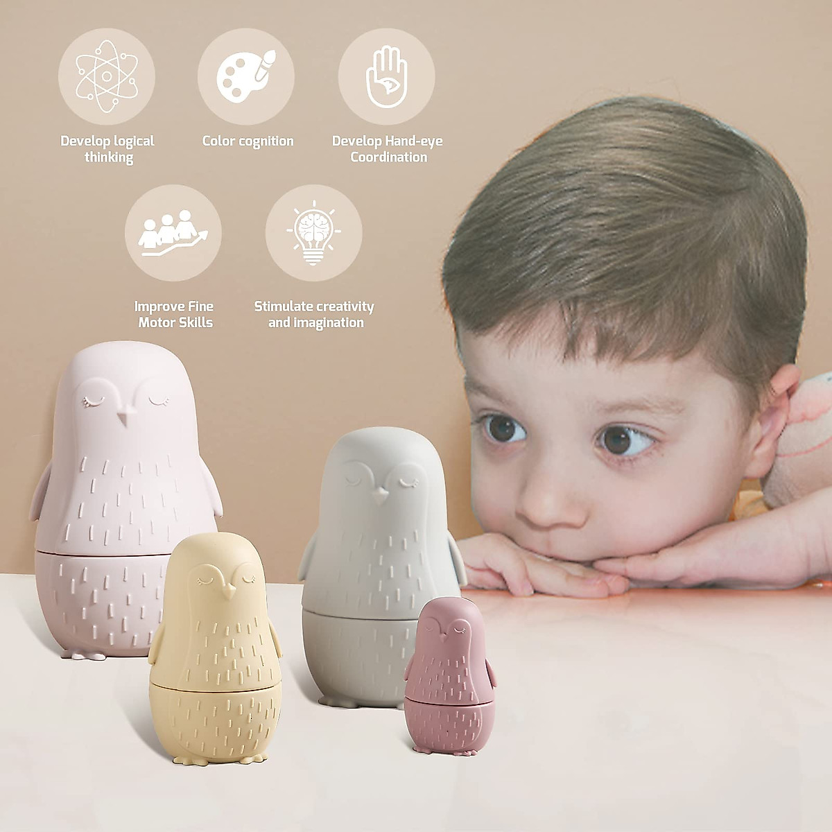 Nesting Dolls Russian Style Matryoshka Dolls for Kids Silicone Stacking Sorting Toys Set Montessori Educational Toy Gift for Girls Boys' Birthday Home Room Decoration Beige（Penguin）