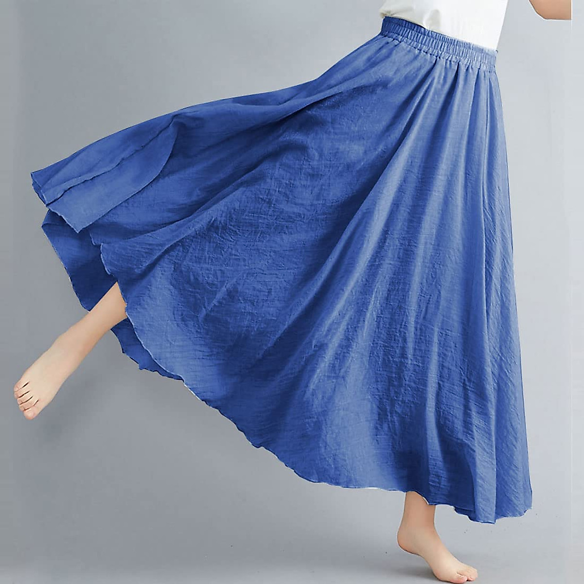 ASHER FASHION Women's Bohemian Style Elastic Waist Band Cotton Linen Long Maxi Skirt Dress (85CM, Denim Blue)
