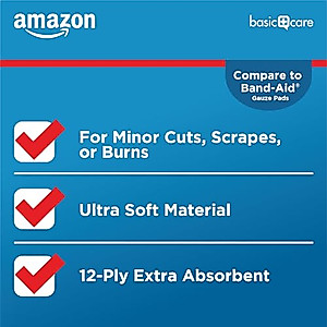 Amazon Basic Care Gauze Pads, 3x3 inches Sterile Medical Wound Dressing Sponges for Cleaning, Covering, & Cushioning Cuts & Minor Injuries, 50 Count (Pack of 1), (Previously All Health)