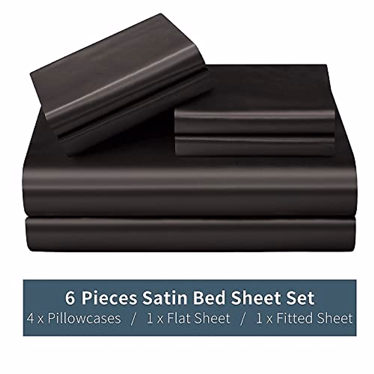 P Pothuiny 6-Piece Queen Satin Sheets Luxury Silky Black Satin Bedding Sheet Set, 1 Deep Pocket Fitted Sheet + 1 Flat Sheet + 4 Pillow Cases
