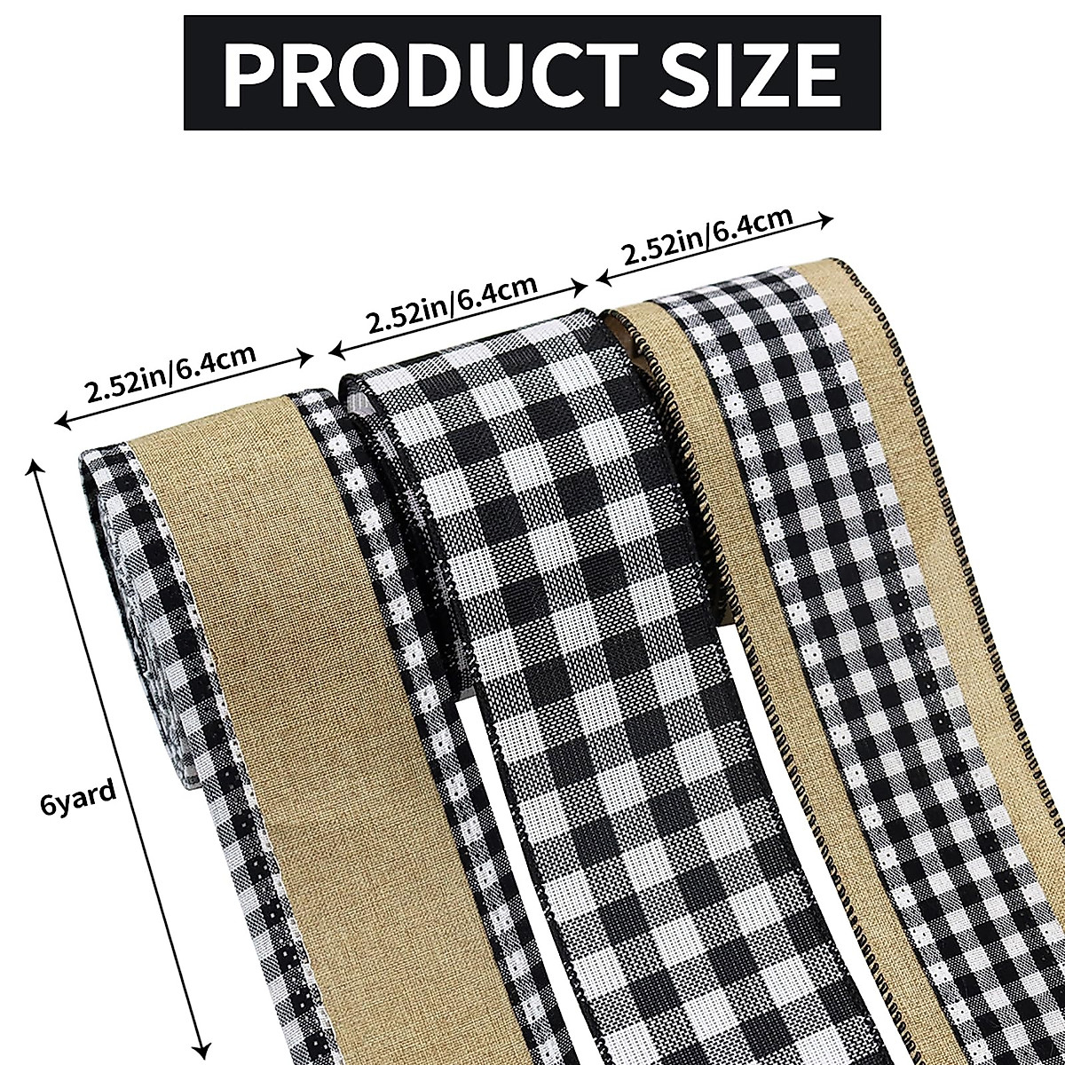 3 Rolls Buffalo Plaid Ribbons in All 18 Yards 2.5 inch Width Burlap Ribbon Christmas Checked Burlap Ribbon ，Black and White Checkered Ribbon ，for Crafts DIY Garland，Bows Crafts Decoration