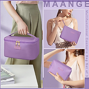 MAANGE Travel Makeup Bag - Large Makeup Bag with 2pcs Small Makeup Bag Portable Leather Cosmetic Bag Toiletry Bag Make Up Bags for Women and Girls (Purple)