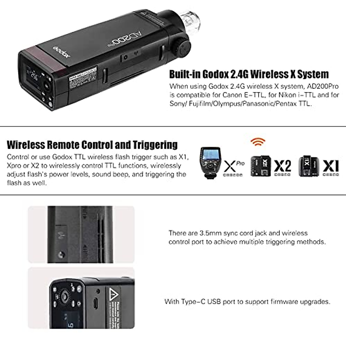 Godox AD200 Pro AD200Pro Flash Strobe Monolight, TTL Pocket Flash Speedlite, 2.4G 200W 1/8000s HSS 2900mAh Li-ion Battery, 500 Full Power Flashes, Bare Bulb/Speedlite Fresnel Flash Head