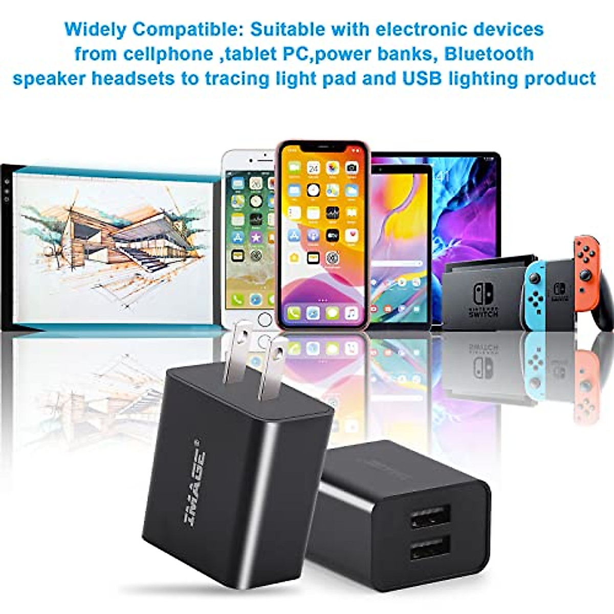 USB Charger, IMAGE 2 Packs USB Travel Charger with Dual Port, 5V/2A 10W Output Power, UL Approval Charger Adapter for Most USB Equipment