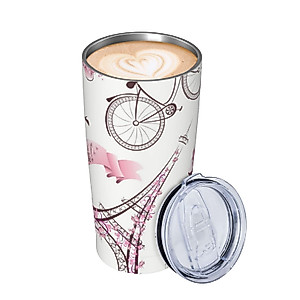 MORYEN 20 OZ Tumbler Double Wall Stainless Steel Cup Romantic Paris Butterfly Eiffel Printed Vacuum Insulated Coffee Cups Car Mug Home Office Travel