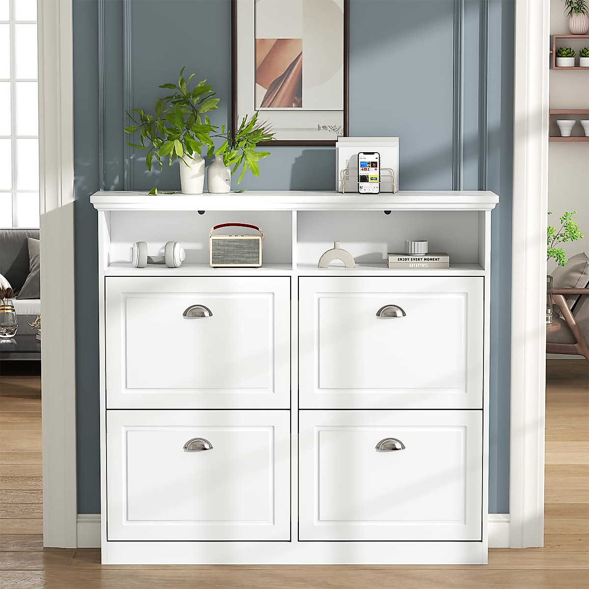 Loomie Shoe Cabinet with 4 Flip Drawers, Freestanding Shoe Storage Cabinet with Open Shelves, Hidden Slim Narrow Shoe Rack Cabinet, Shoe Organizer Cabinet for Entryway, Foyer, Hallway (White)