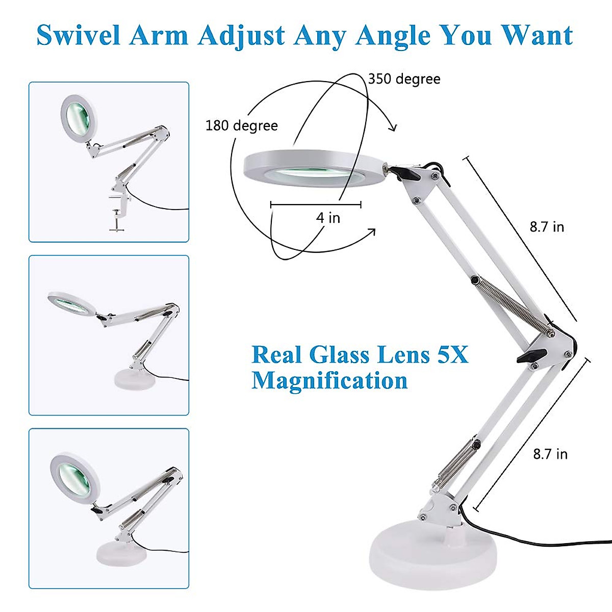 Magnifying Glass with Light and Stand,Adjustable Swing Arm LED Magnifying Light 5-Diopter Glass Lens,3 Color Modes Stepless Dimming-5X, for Close Work, Repair, Crafts, Reading,Sewing-White