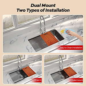 TECASA Workstation Kitchen Undermount Sink, 33 inch Drop-in Sink with Faucet Combo, Dual Mount All-in-One Single Bowl Stainless Steel Sink with Integrated Ledge and Accessories (Pack of 5)