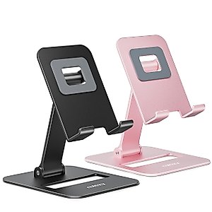 Nulaxy 2 Pack Dual Folding Cell Phone Stand, Fully Adjustable Phone Holder for Desk, Compatible with iPhone 16 15 14 13 12 11, Nintendo Switch, All Phones, Black & Rose Gold