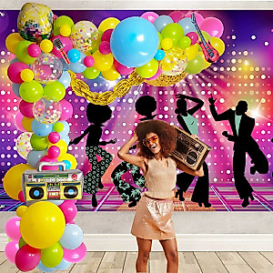 Back to 90S 80S Theme Party Balloons Backdrop Decorations， Party Supplies Foil Balloon Radio Guitar Microphone Disco Ball Colorful Balloons for Back to 90S 80S Party for Birthday Decorations