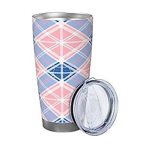 AYCZN Blue Pink Plaid 20 OZ Tumbler Stainless Steel Travel Coffee Mug, Vintage Check Insulated Water Bottle with Lid and 2 StrawsLeakproof Thermal Cup