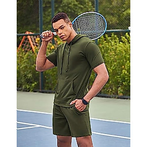 COOFANDY Mens 2 Piece Short Sleeve Hooded Athletic Tracksuit Casual Sports Sweatsuit Workout Gym Hoodie and Shorts Set