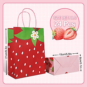 Whaline 24 Pack Strawberry Gift Bags with Handles Red Pink Paper Goody Bags for Party Berry Sweet Birthday Baby Shower Decoration