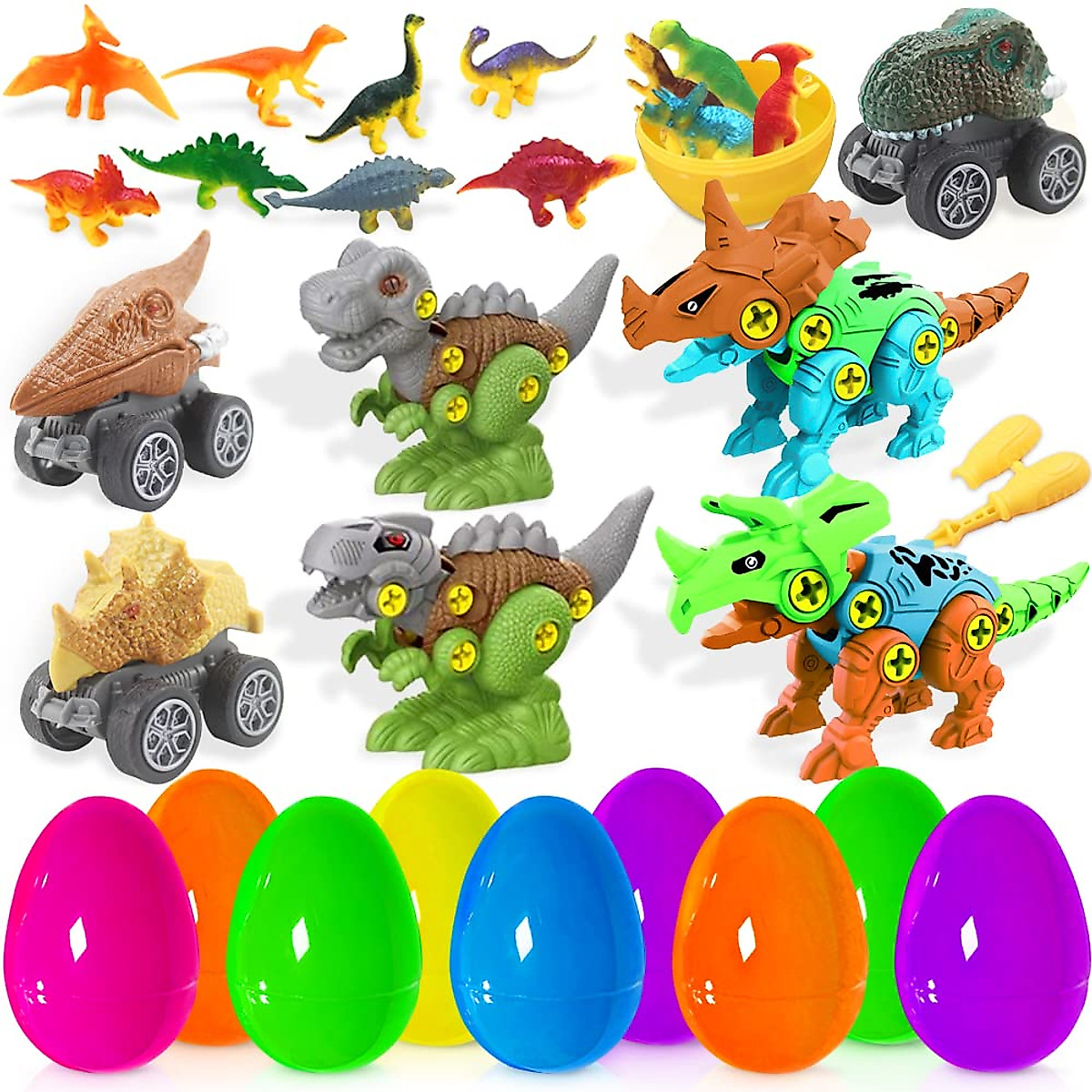 Easter Eggs Filled with Dinosaur Toys for Kids Boys Girls, 9 Pack Easter Basket Stuffers Fillers Prefilled with 4 PCS Take Apart Building Dino Toys 3 PCS Pull Back Cars 12PCS Mini Dino