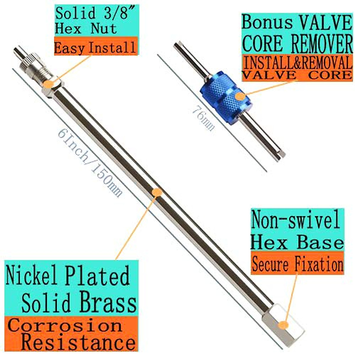 6 Inch Dually Valve Stem Extenders,Set of 2Pcs,Heavey Duty,150mm Straight Metal Dual Wheel Valve Stem Extensions for Truck Tires, RV Tires, Motorhome, Coach, Pickup, Motorcycle, Bike, Trailer