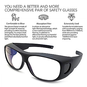 CARLANY CO2 Laser Eye Protection Glasses, 9000nm-11000nm / 10600nm Wavelength Safety Protective Goggles OD 5+, Filtering Technology by Way of Absorption Safety Goggles for Laser Cutting and Engraving