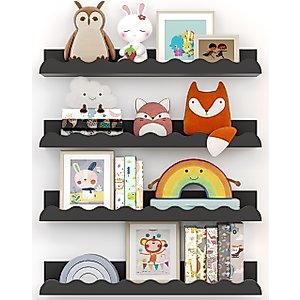 Kids' Bookshelf Set of 4 - Black Floating Nursery Book Shelves, Picture Ledge Shelf for Wall Decor and Storage - Perfect for Books, Toys, Photo Frames, and Nursery Décor