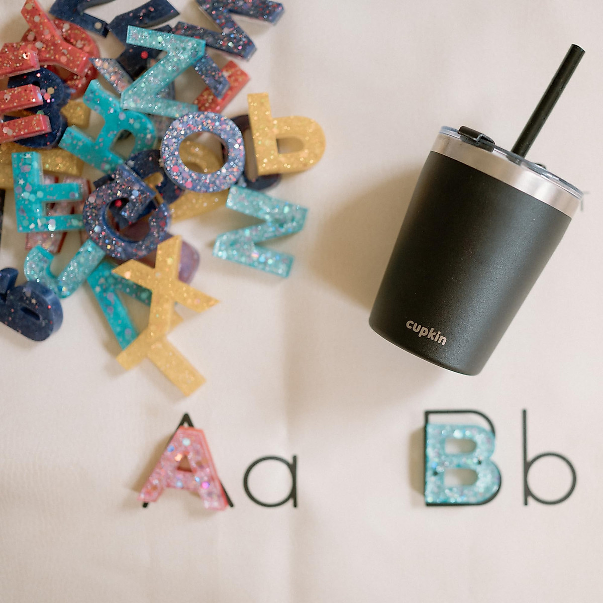 CUPKIN Stackable Stainless Steel Kids Cup Smoothie Tumbler, Powder Coated Insulated Tumblers, BPA Free Lid and Silicone Straw 8 Fl Oz (Pack of 1), Black