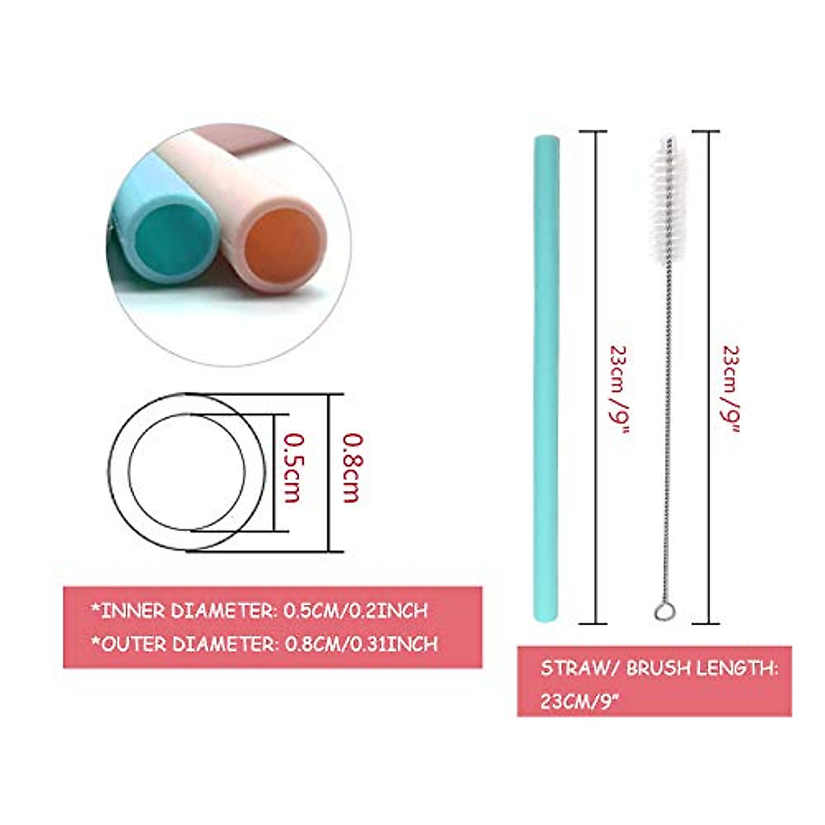 Silicone Straws Reusable Drinking Straw Pack-of-6 Soft Beverage Water Drink Straw -for 30oz and 20oz Tumblers 6Pcs Straws - Comes with 1 Cleaning Brush in All (1Box)