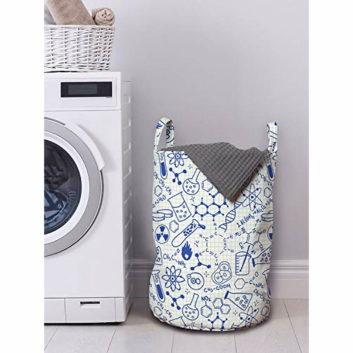 Ambesonne Cartoon Laundry Bag, Science Chemistry Geometry Math Nerd Geek and Genius Themed Design Art, Hamper Basket with Handles Drawstring Closure for Laundromats, 13" x 19", Blue and Ivory