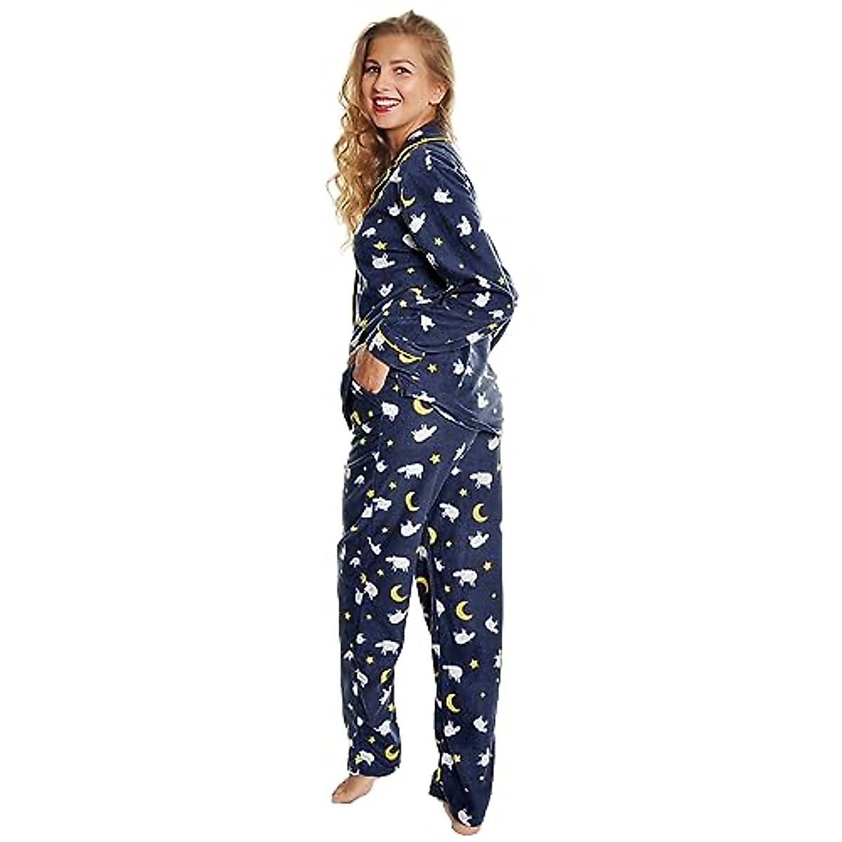 Angelina Women's Pajama Set Cozy Fleece with Notch Collar and Pockets | PJ56_L | Goodnight Sheep