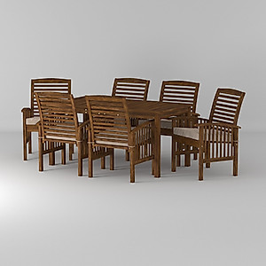 Walker Edison Rendezvous Modern 7 Piece Solid Acacia Wood Outdoor Dining Set, Set of 7, Dark Brown