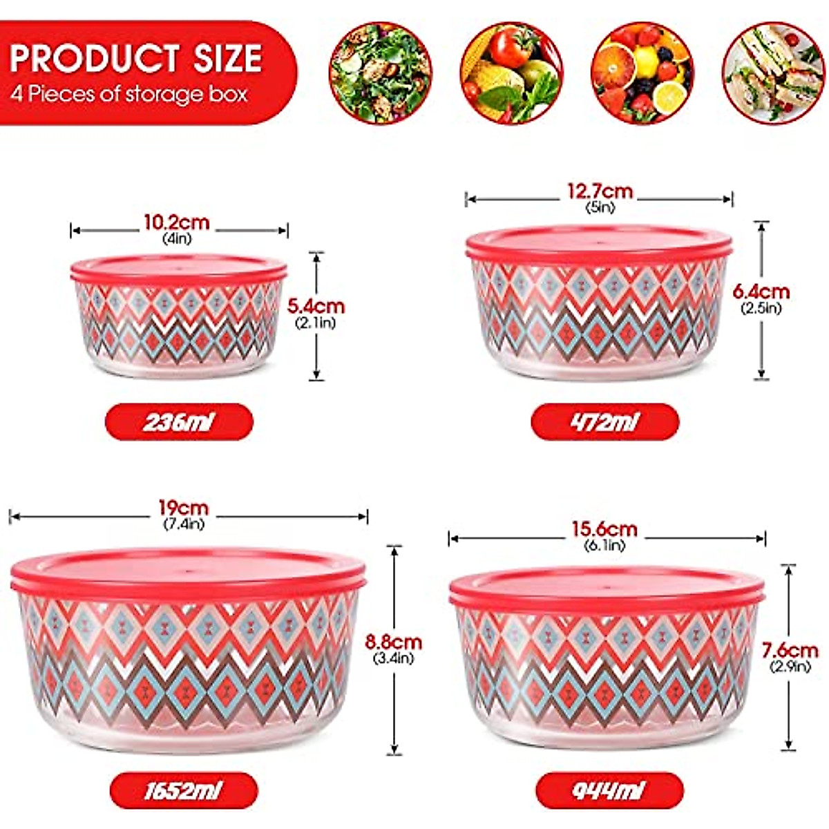 Almcmy Glass Food Storage Containers, 4 Piece Airtight Meal Prep Containers with Lids, BPA Free & Leak Proof Glass Lunch Containers, Microwave, Oven, Freezer, Dishwasher Safe