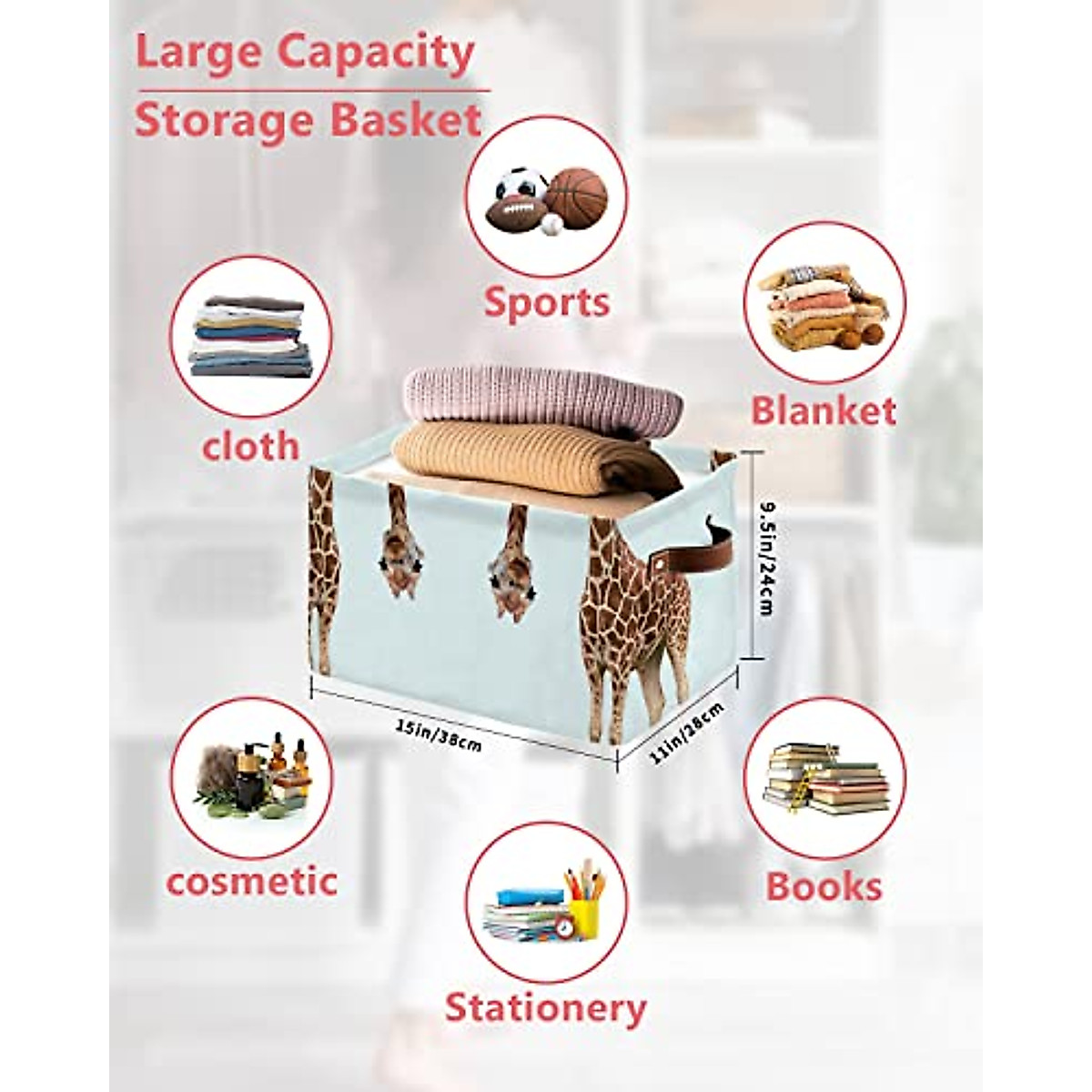 Storage Bins, Funny Cute Giraffe Storage Baskets for Organizing Closet Shelves Clothes Decorative Fabric Baskets Large Storage Cubes with Handles