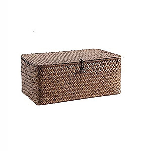 Seaweed Storage Basket Handwoven Storage Box with Lid Cosmetic Storage Box Laundry Basket Wicker Basket Storage Basket Box Wicker(L,Khaki)