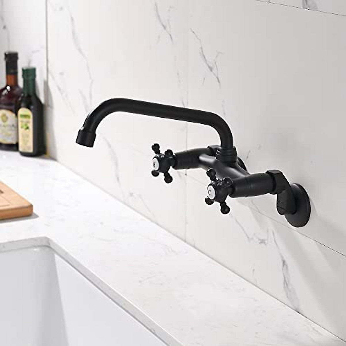 Jshozzy Matte Black Wall Mount Kitchen Sink Faucet Double Handle 3 Inch to 9 Inch Swivel Spout Wall-Mounted Commercial Bar Sink Faucet NSF Lead-Free Hot and Cold Water Mixer Tap Utility Sink Faucet
