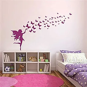 Home Decor Girl Room Fairy Butterflies Stickers for Wall Elves Butterfly Decals for Kids Bedroom DIY Wall Sticker AM164 (Fuchsia)