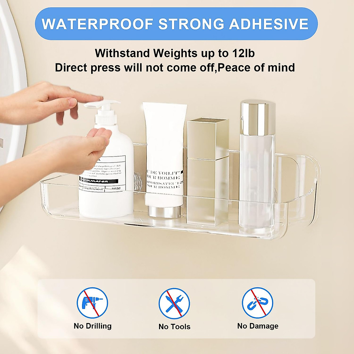 Diesisa 2pc Acrylic Wall Mount Organizer, Adhesive Shelf, Bathroom Shelves for Wall, Self Adhesive Organizer, No Drilling Hang Walls,with Self Adhesive Tape, for Bathroom, Kitchen, Living Room