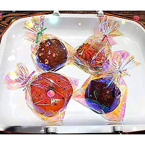SaktopDeco 100 PCS Holographic Cellophane Bags Holographic Gift Bags Iridescent Plastic Goodie Bags with Ties Cookie Bags for Bakery Cookies Goodies (5" x 7")