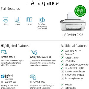 HP DeskJet 27 22 All-in-One Wireless Color Inkjet Printer, White - Print, Scan, Copy - 1200 x 1200 dpi, Flatbed Scanner, Icon LCD Display, WiFi, Bluetooth, USB Connectivity, CBMOUN Printer Cable