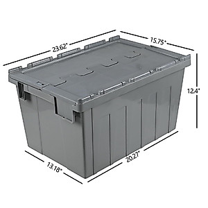 Qqbine 4 Packs 15 Gallon Heavy-Duty Flip Top Plastic Storage Bins, Commercial Plastic Storage Tote with Attached Lid, Gray