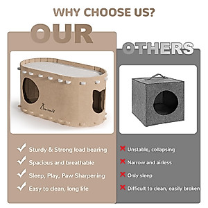 Hervimo Cat Beds for Indoor Cats, 2 in 1 Large Cat House, Foldable Cat Tunnel Enclosed Bed, Scratch Resistant Cat Bed Cave for Large Cats Up to 25lbs & Multiple Small Cats, Dark Camel