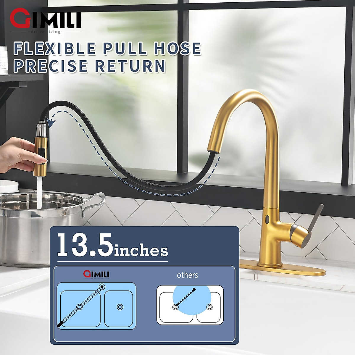 GIMILI Gold Touchless Kitchen Faucet with Pull Down Sprayer, High Arc Single Handle Motion Sensor Smart Activated Hands-Free Kitchen Sink Faucet