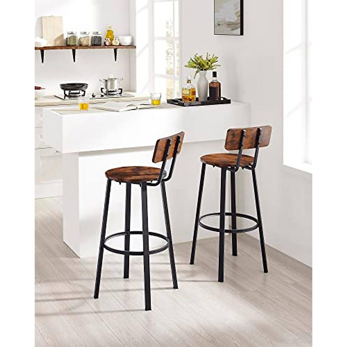 HILINSIE Bar Stools - Set of 2 Bar Chairs, Industrial Counter Stools with Backrest and Footrest, Steel Frame, 28.5 Inches Tall Seat for Kitchen, Dining Room, Bistro, Rustic Brown and Black
